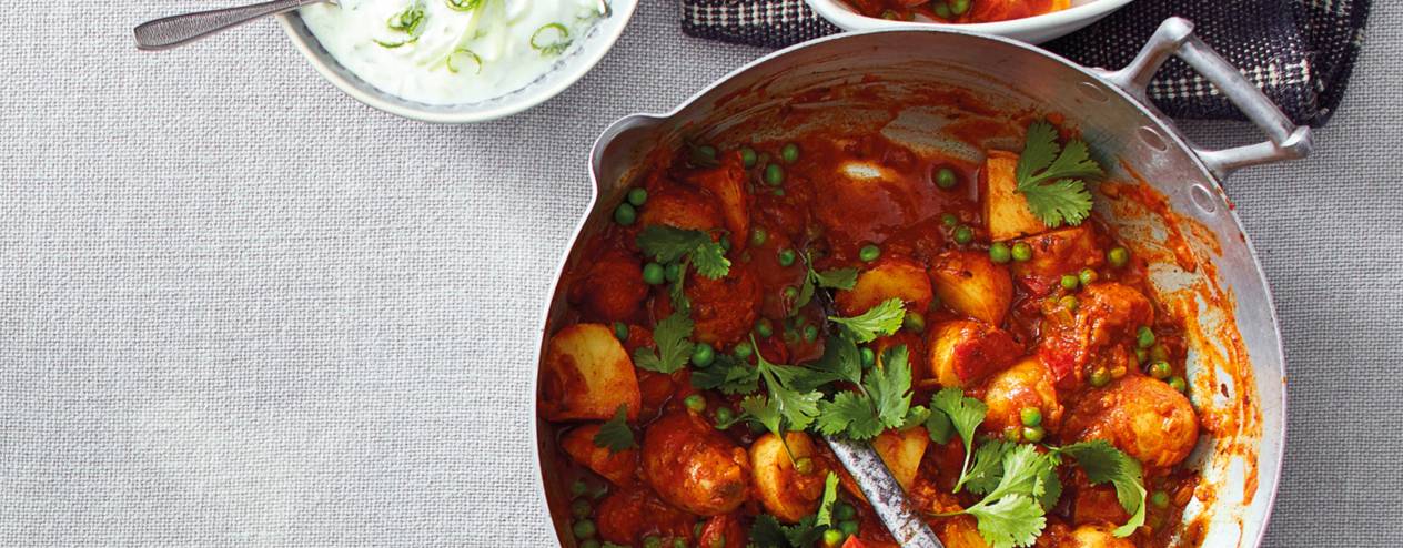 Pea and potato Madras with raita